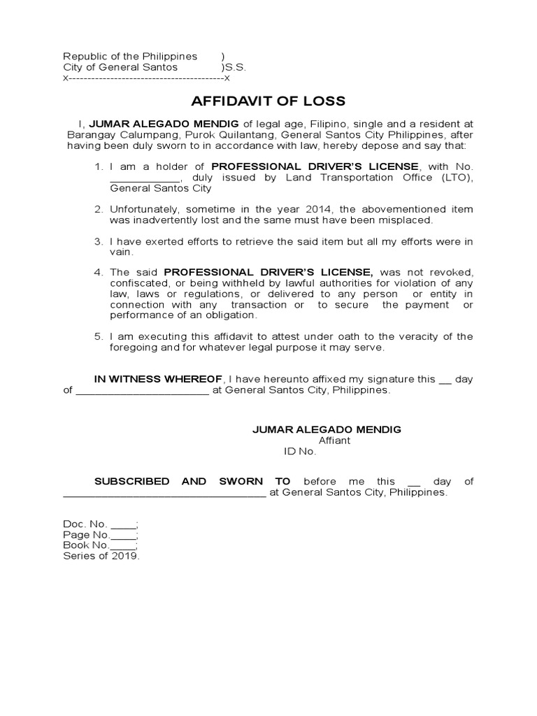 Affidavit of Loss: IN WITNESS WHEREOF, I Have Hereunto Affixed My ...
