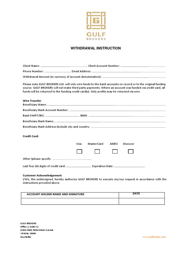 Withdrawal Instruction: Wire Transfer | PDF | Business | Finance ...