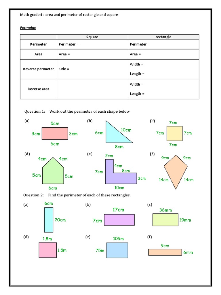 Formulae: Math Grade 4: Area and Perimeter of Rectangle and Square | PDF
