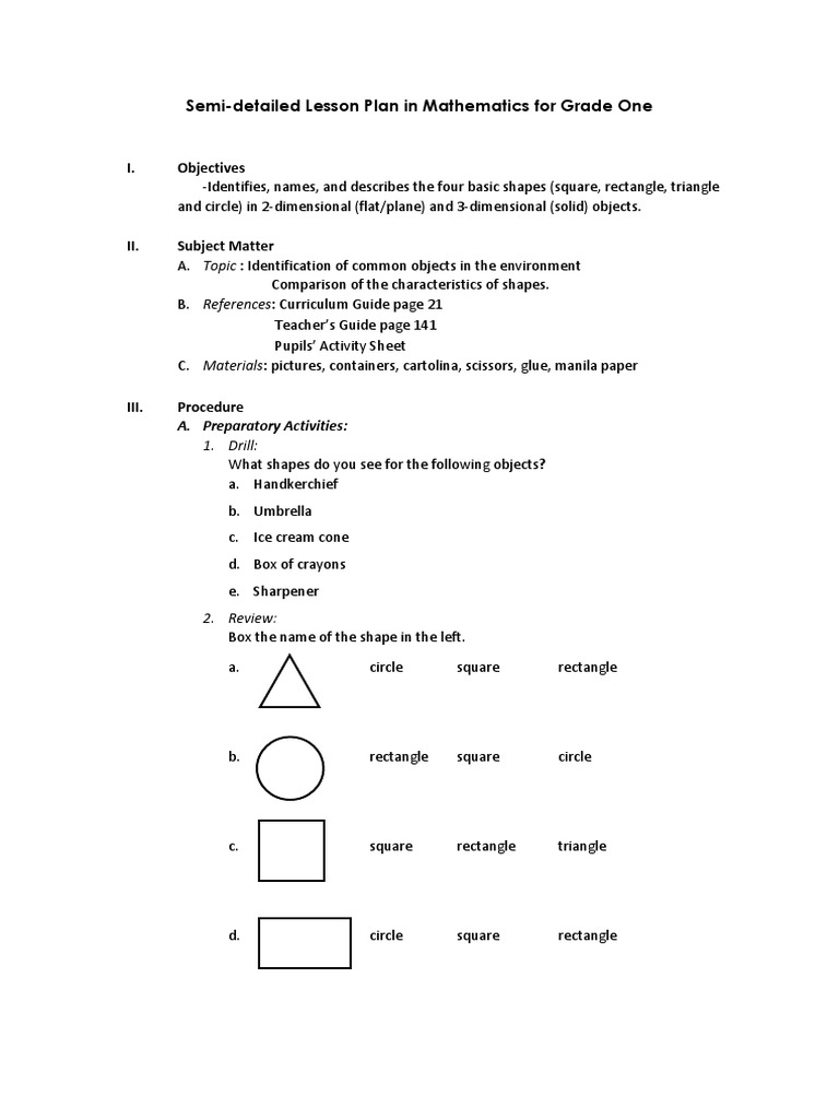 Semi-Detailed Lesson Plan in Mathematics For Grade One: I. Objectives ...