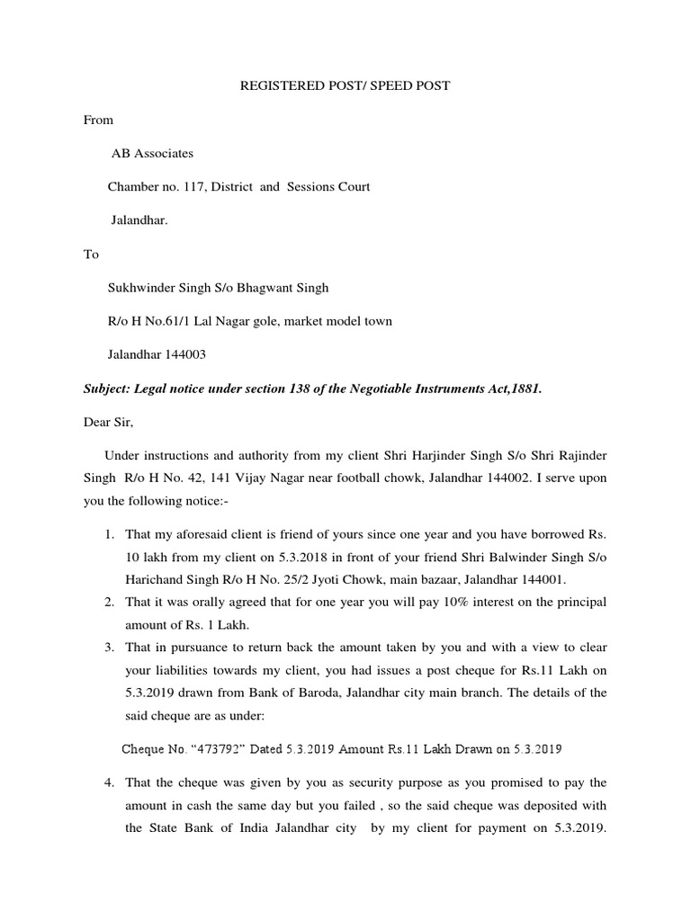 Subject: Legal Notice Under Section 138 of The Negotiable Instruments ...