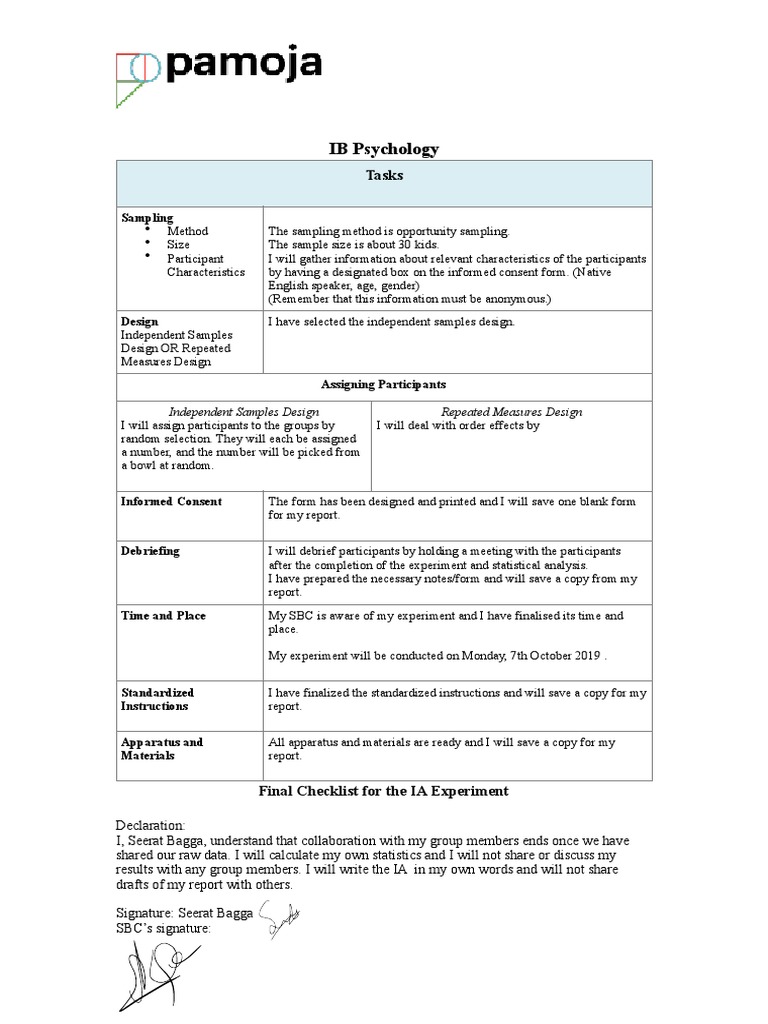 Psych IA Checklist | PDF | Experiment | Sampling (Statistics)