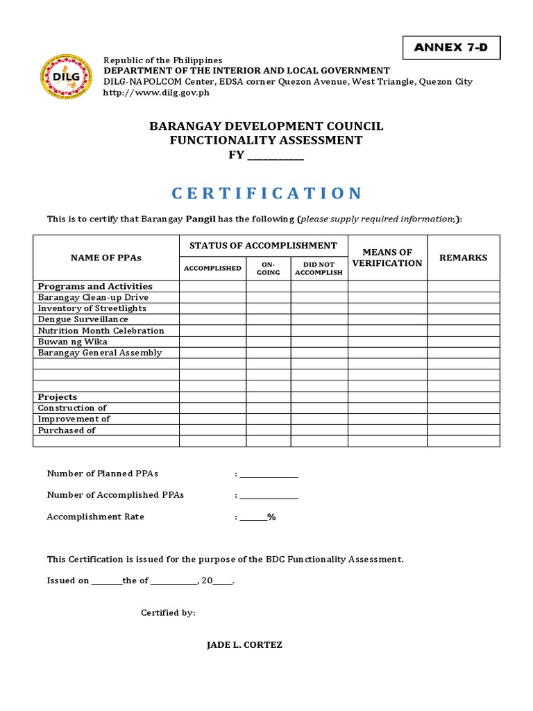 Certification: Barangay Development Council Functionality Assessment FY ...