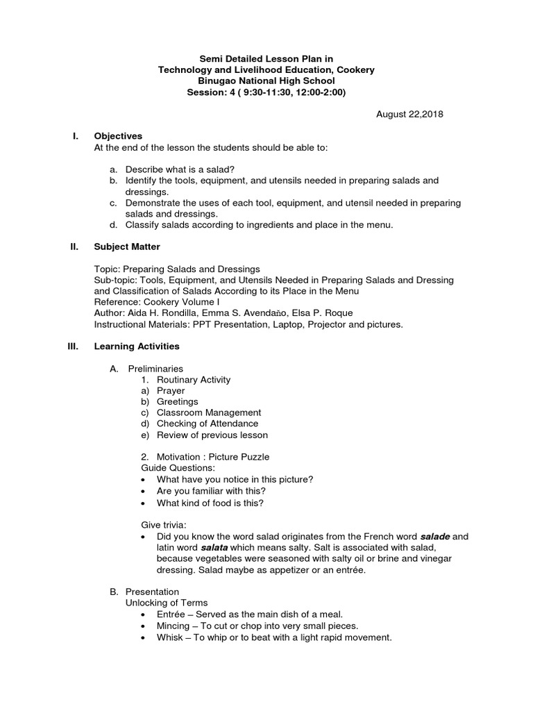Semi Detailed Lesson Plan in Cookery | Download Free PDF | Salad | Fruit