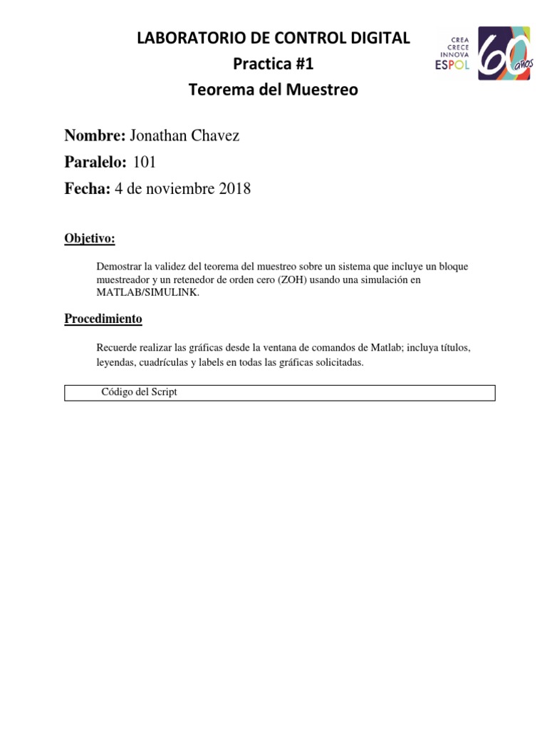 Practica de Control Digital Espol - Tiempos de Muestreo | PDF | Muestreo (procesamiento de señal ...