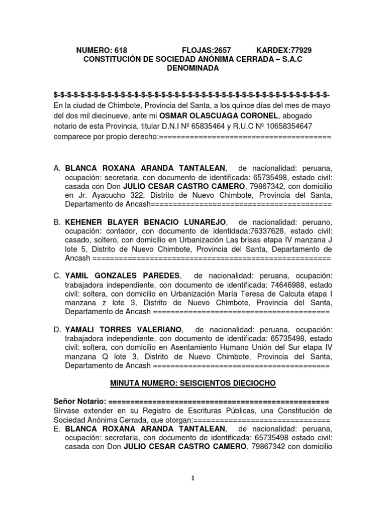 Minuta de Constitucion | PDF | Conceptos legales | Derecho privado