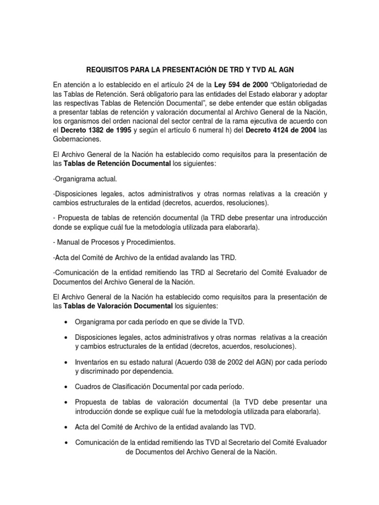 Requisitos para La Presentación de TRD y TVD Al Agn | PDF