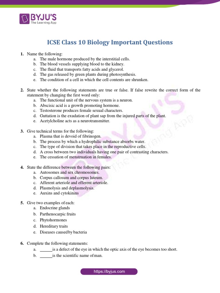 ICSE Class 10 Biology Important Questions | PDF | Hormone | Photosynthesis