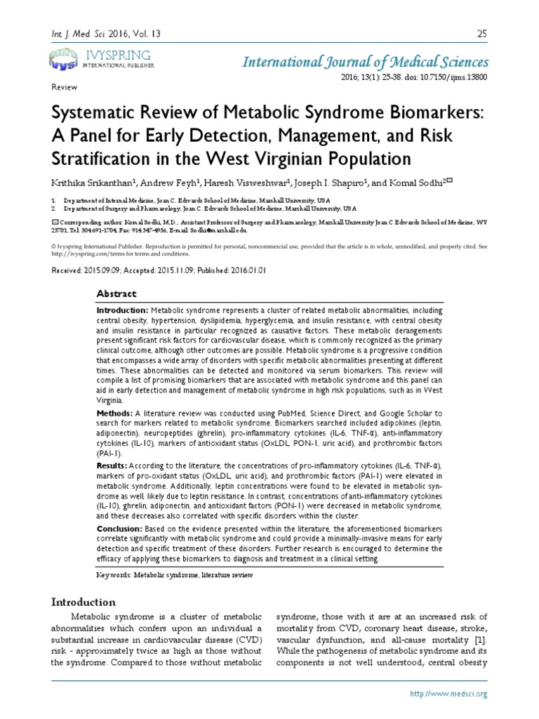 Systematic Review of Metabolic Syndrome Biomarkers: A Panel For Early ...