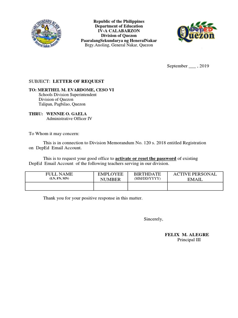 Letter of Request DEPED ACCOUNT | PDF