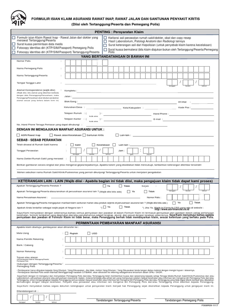 Formulir Isian Klaim Asuransi Rawat Inap - Rawat Jalan Dan Santunan Pen... | PDF | Hukum