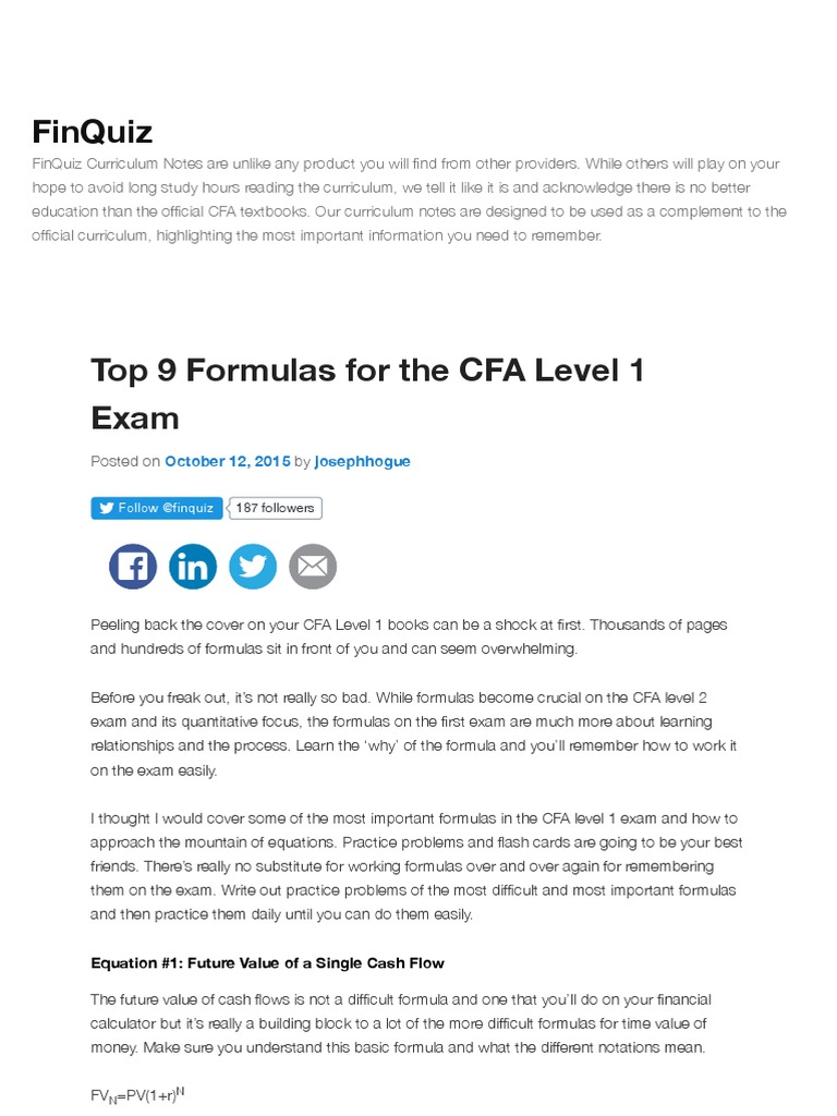 Top 9 Formulas For The CFA Level 1 Exam - FinQuizFinQuiz | PDF | Free ...