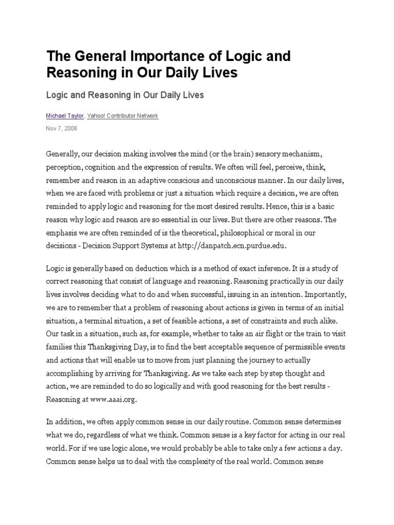 The General Importance of Logic and Reasoning in Our Daily Lives | PDF ...