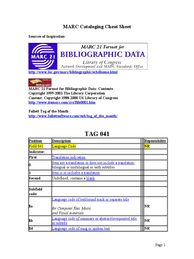 MARC Cataloging Cheat Sheet | PDF | Cataloging | Language Mechanics