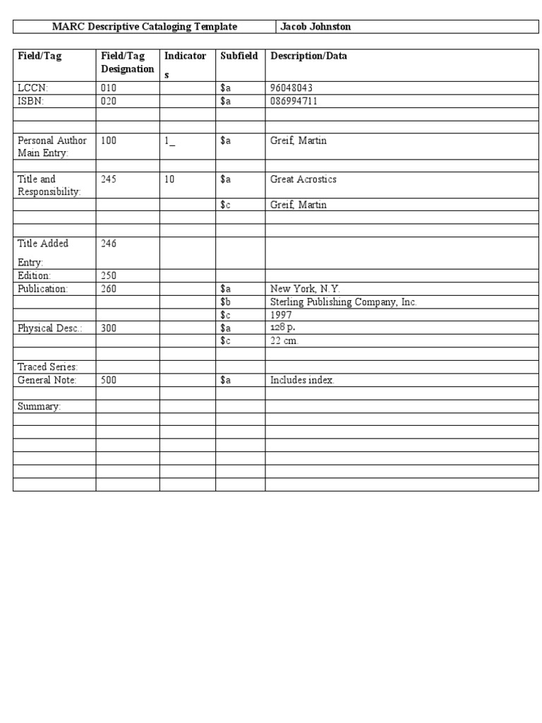 MARC Descriptive Cataloging Template | PDF