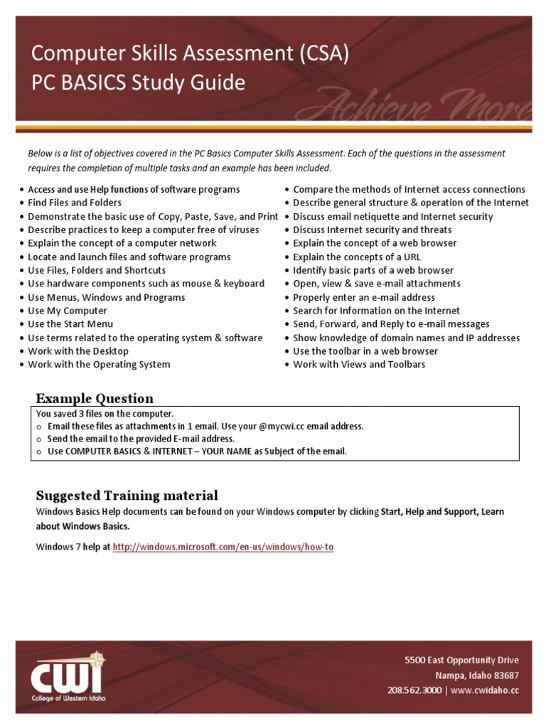 Computer Skills Assessment (CSA) PC BASICS Study Guide: Example Question | PDF | Internet ...