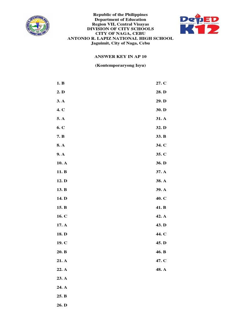 AP 10 2nd Quarter Exam Answer Key | PDF