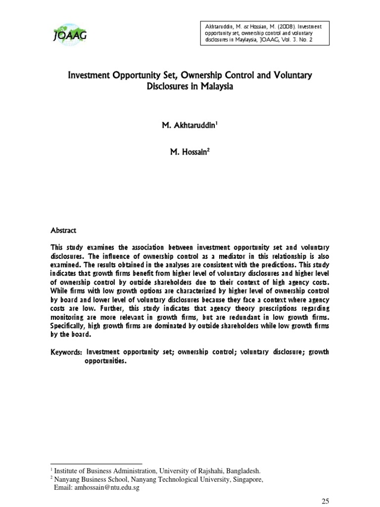 Investment Opportunity Set, Ownership Control and Voluntary Disclosures ...