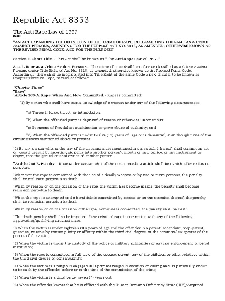 Republic Act 8353: The Anti-Rape Law of 1997 | PDF | Rape | Crime ...
