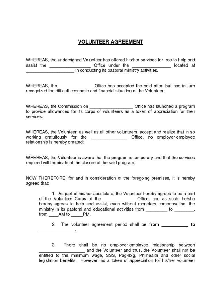 Volunteer Agreement Sample | PDF | Civil Law (Legal System) | Business Law
