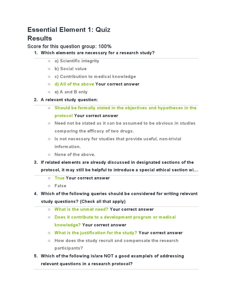 Essential Element 1: Quiz Results: Score For This Question Group: 100% ...
