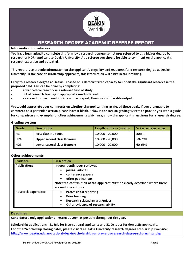 Deakin University Referee Report Guide | PDF | Thesis | Academic Degree
