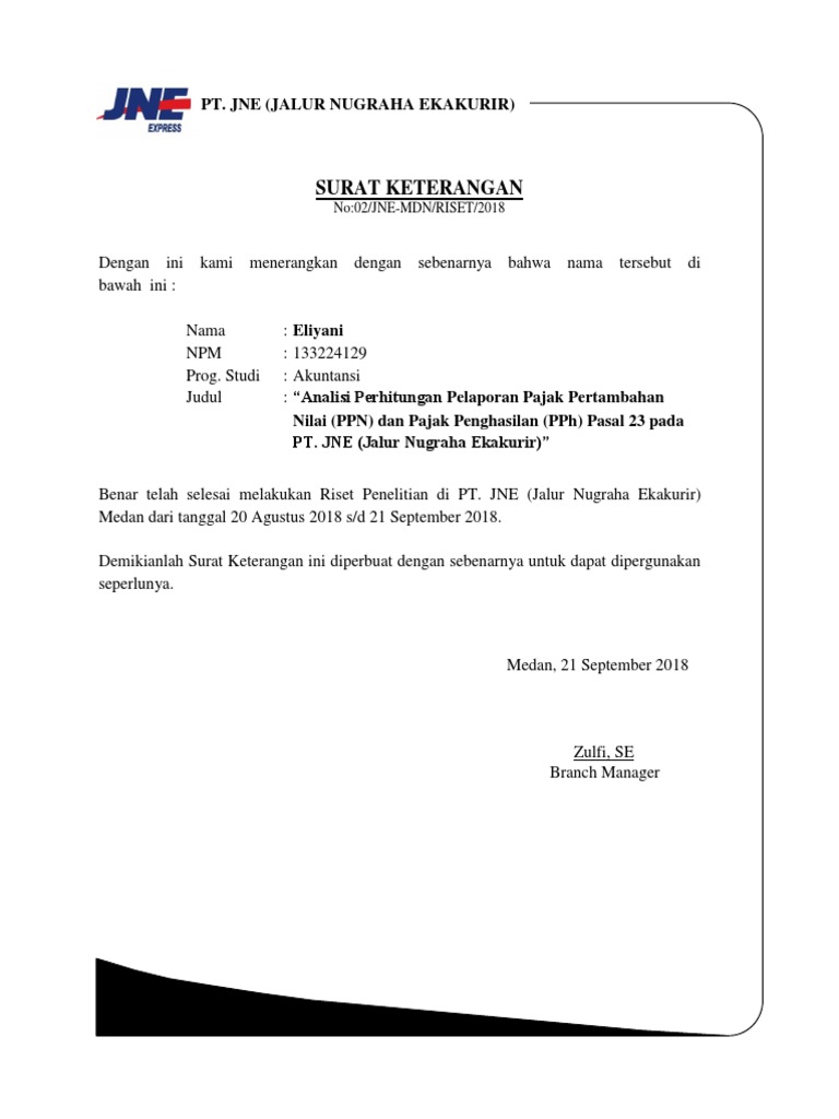 Surat Keterangan Riset di PT. JNE | PDF
