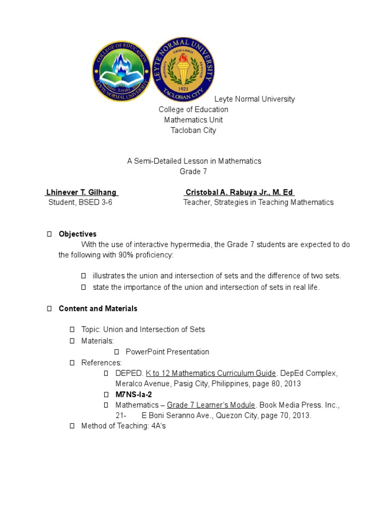 Lesson Plan Union and Intersection of Sets | PDF | Teaching Mathematics ...