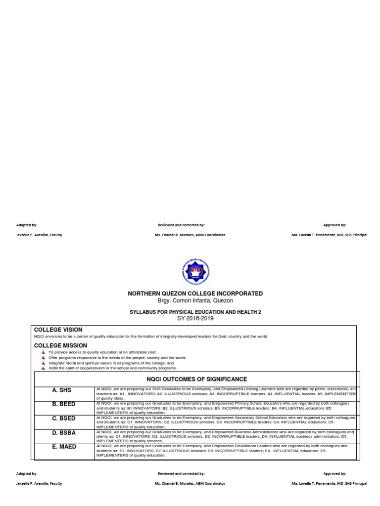 PE and Health 2 Syllabus 2018-2019 | PDF | Hope | Physical Education
