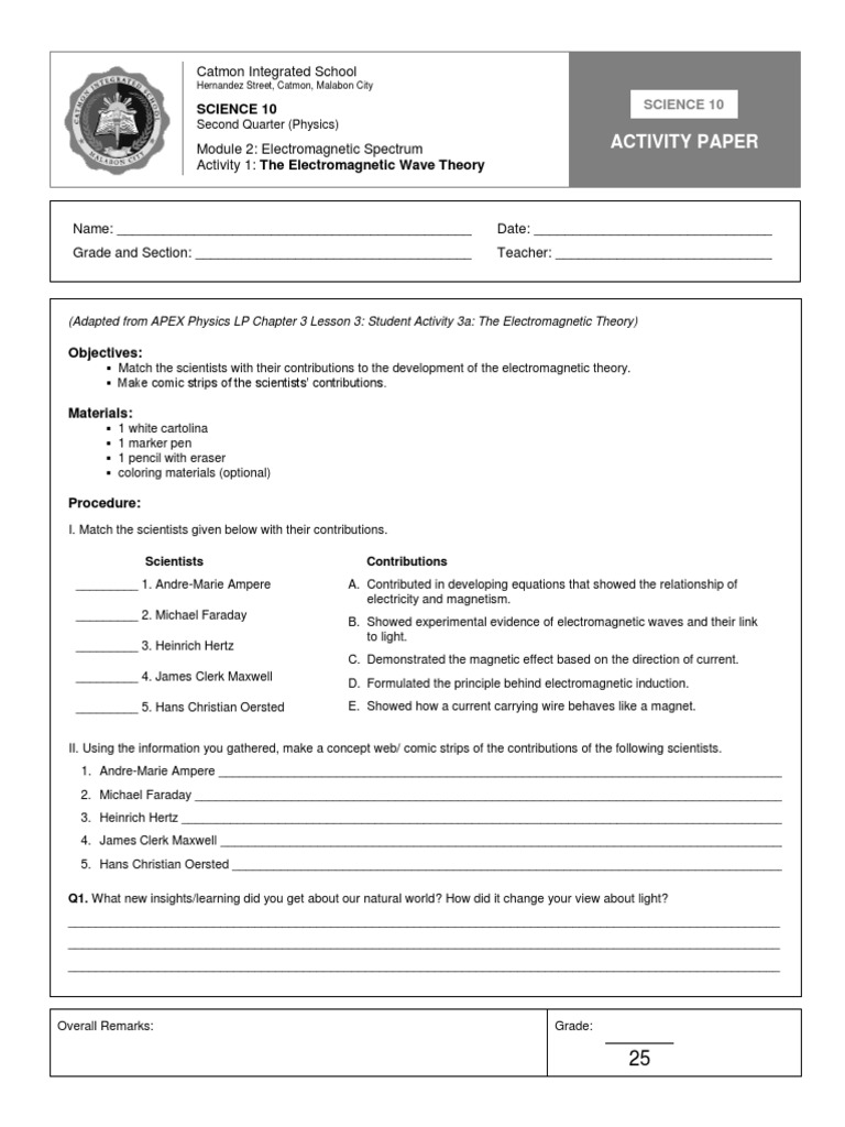 Module 2 - Activity 1 (The Electromagnetic Wave Theory) | PDF | Electromagnetism ...