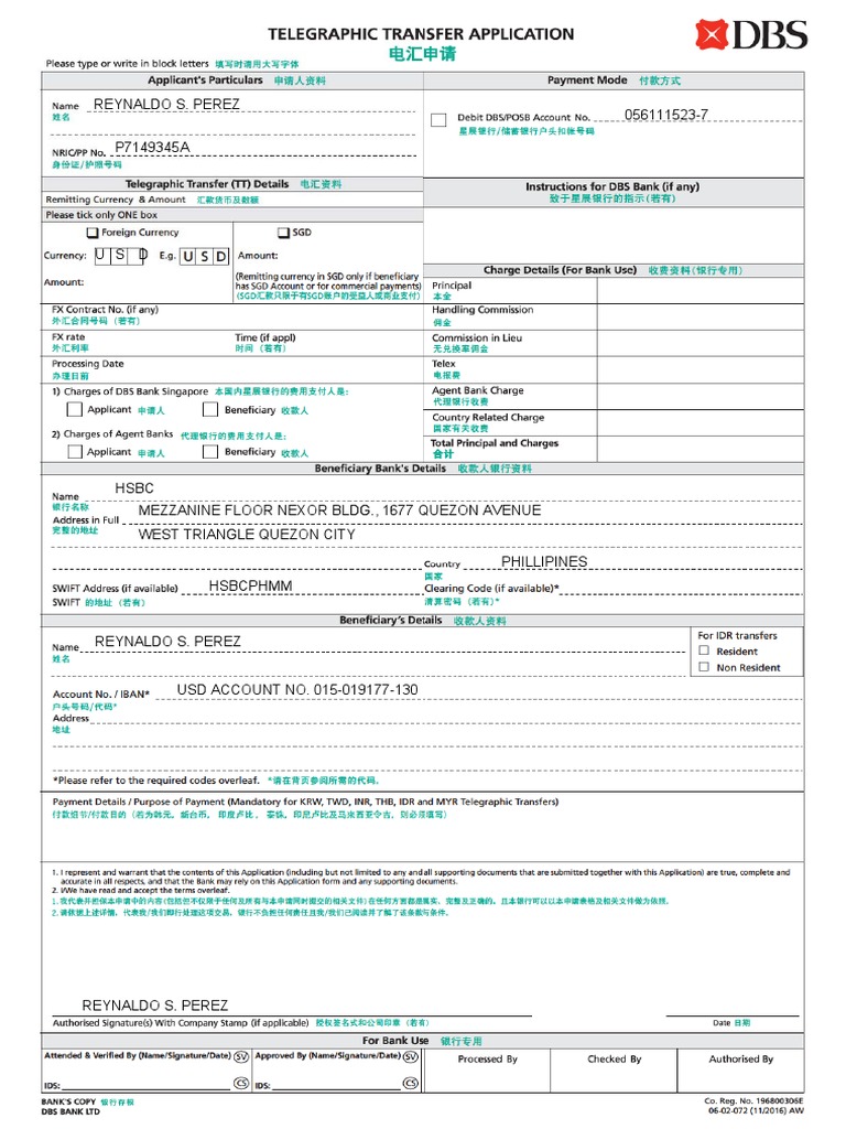 DBS TT Form and Bank Details | PDF