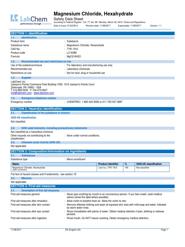 Magnesium Chloride, Hexahydrate: Safety Data Sheet | PDF | Toxicity ...
