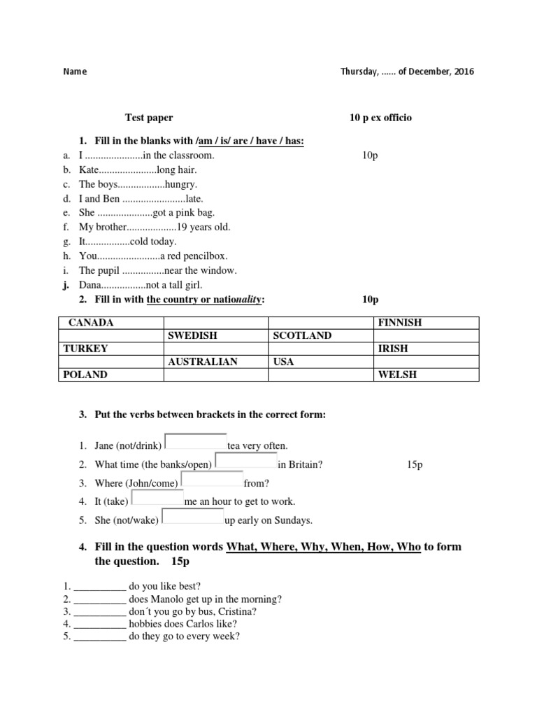Test paper fill-ins and exercises | PDF | Syntax | Linguistic Typology