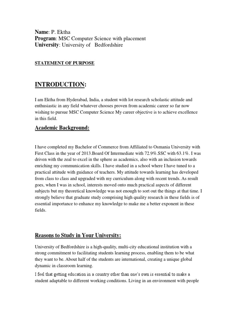 Sop For MSC Computer Science With Placement To Beds | PDF | Graduate ...