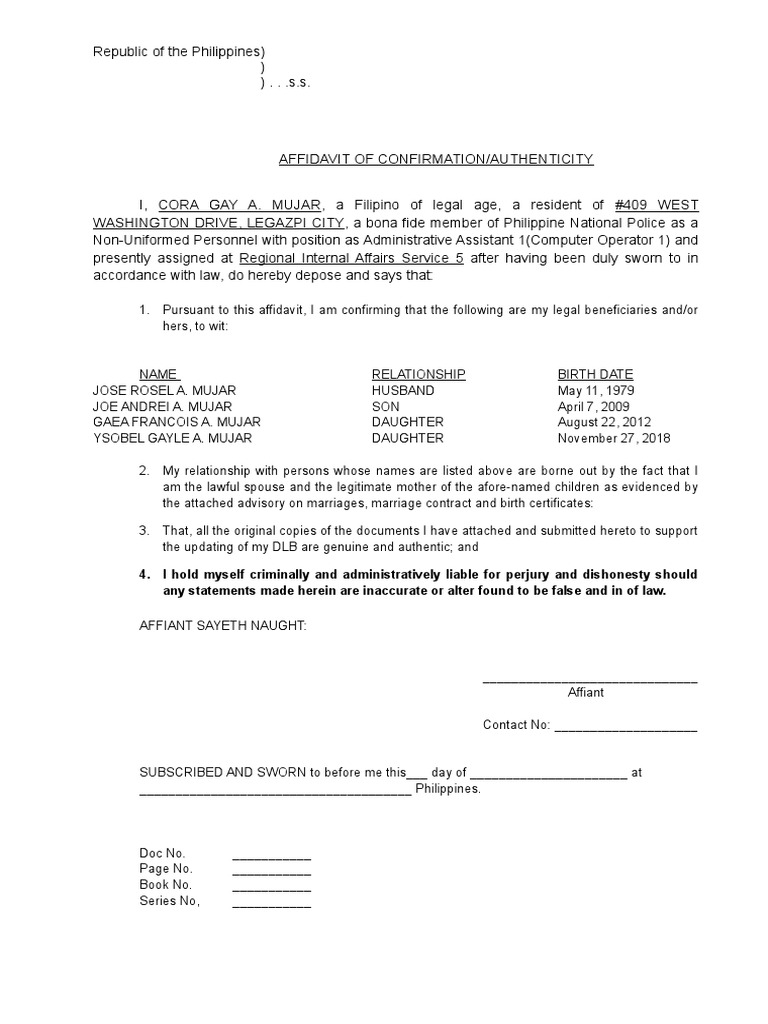 Updating Beneficiary Information: Affidavit Confirming Spouse and ...