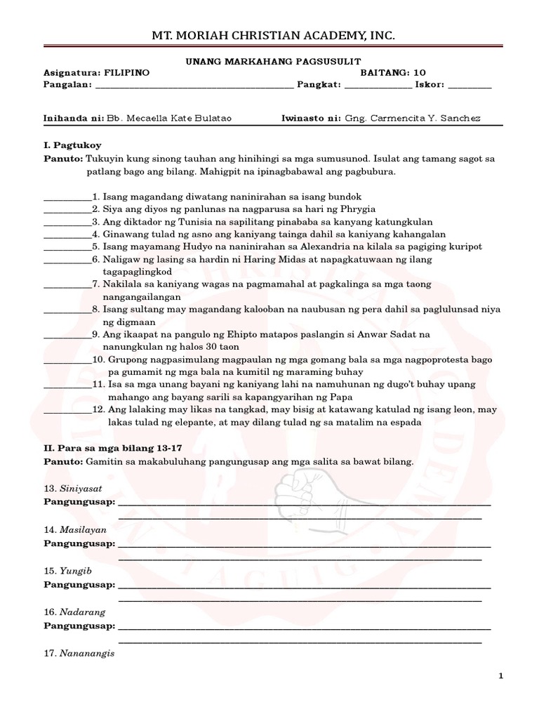 GRADE 10 1st Quarter Exam | PDF