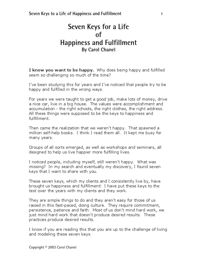 Seven Keys For A Life of Happiness and Fulfillment: by Carol Chanel ...