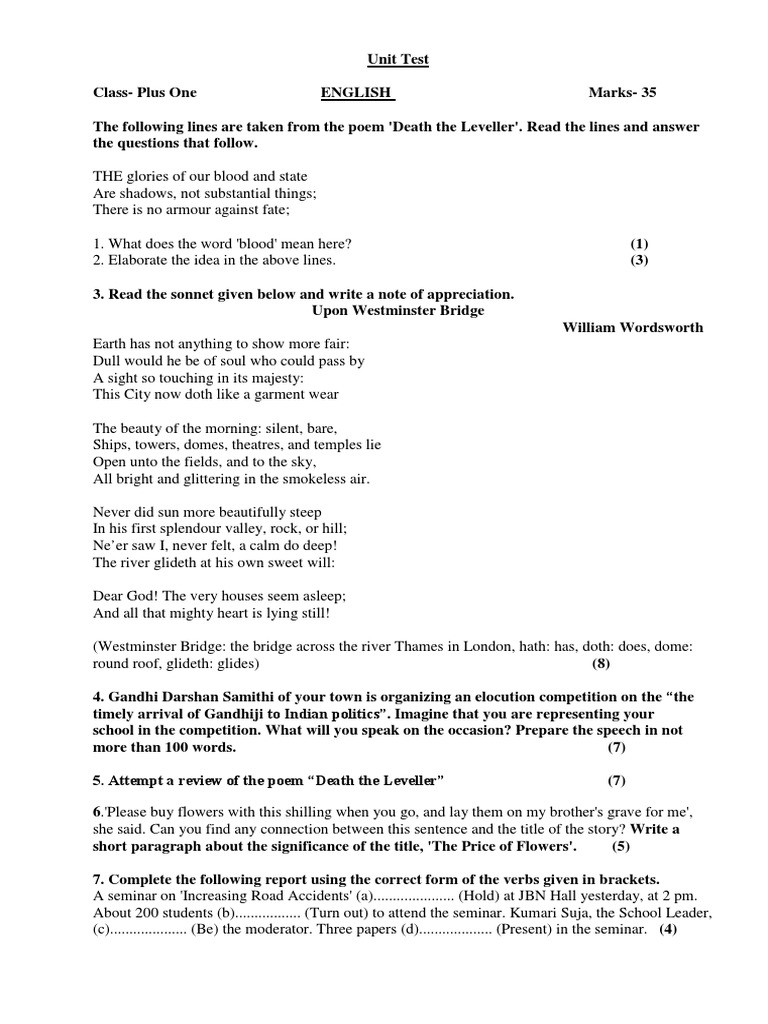 Plus One English Unit 2 Model Exam | PDF