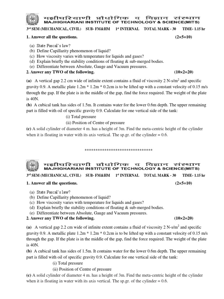 Answer: 3 Sem (Mechanical, Civil) Sub-Fm&Hm 1 Internal Total Mark - 30 Time - 1.15 HR | PDF ...