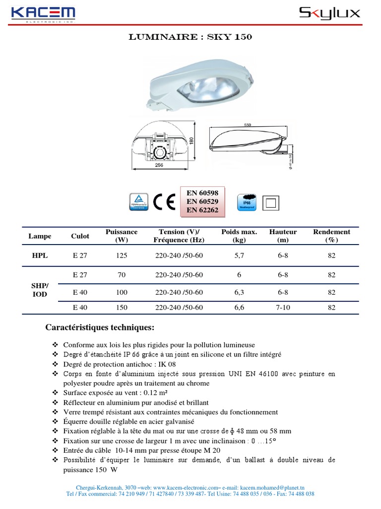 Luminaire SKY 150 : Caractéristiques Techniques | PDF