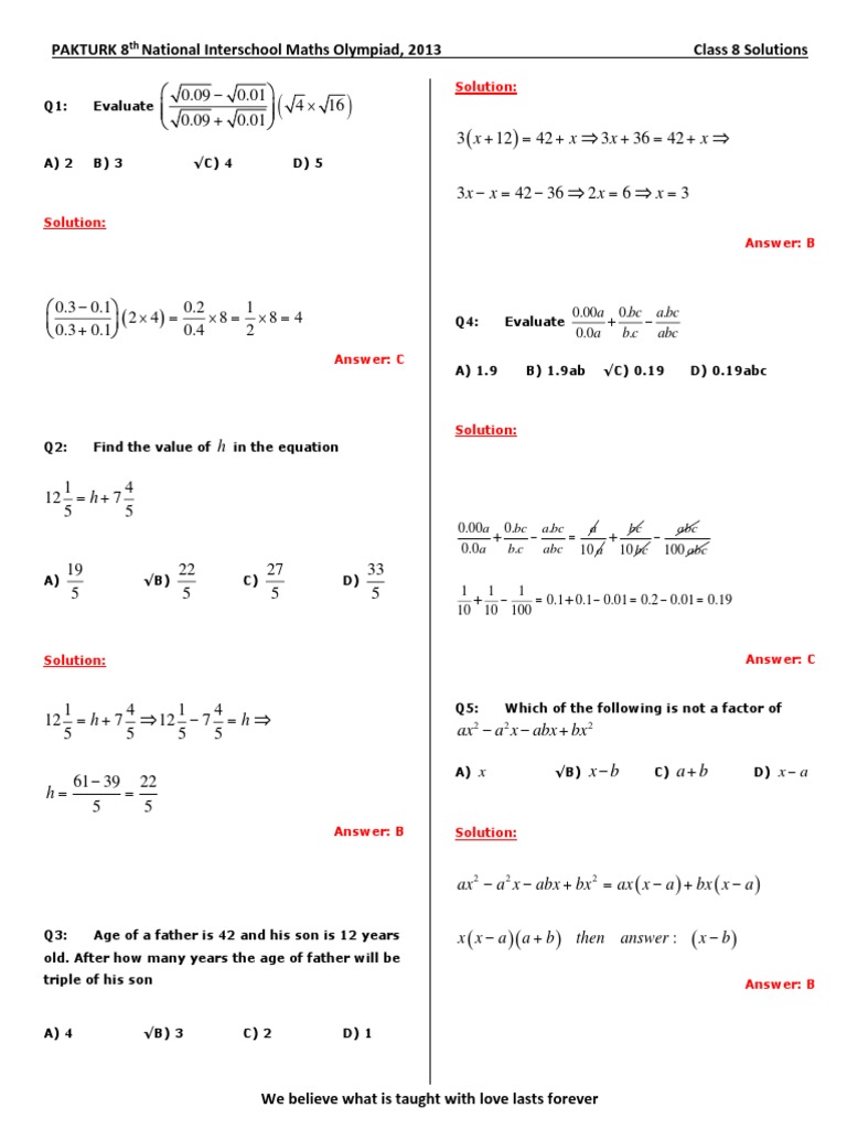 8th National ISMO Class 8 Question Paper With Solutions PDF | PDF ...