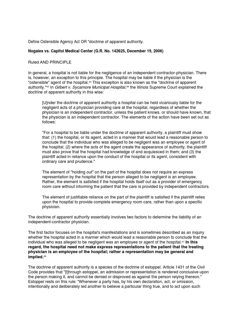 Define Ostensible Agency Act or | PDF | Negligence | Estoppel