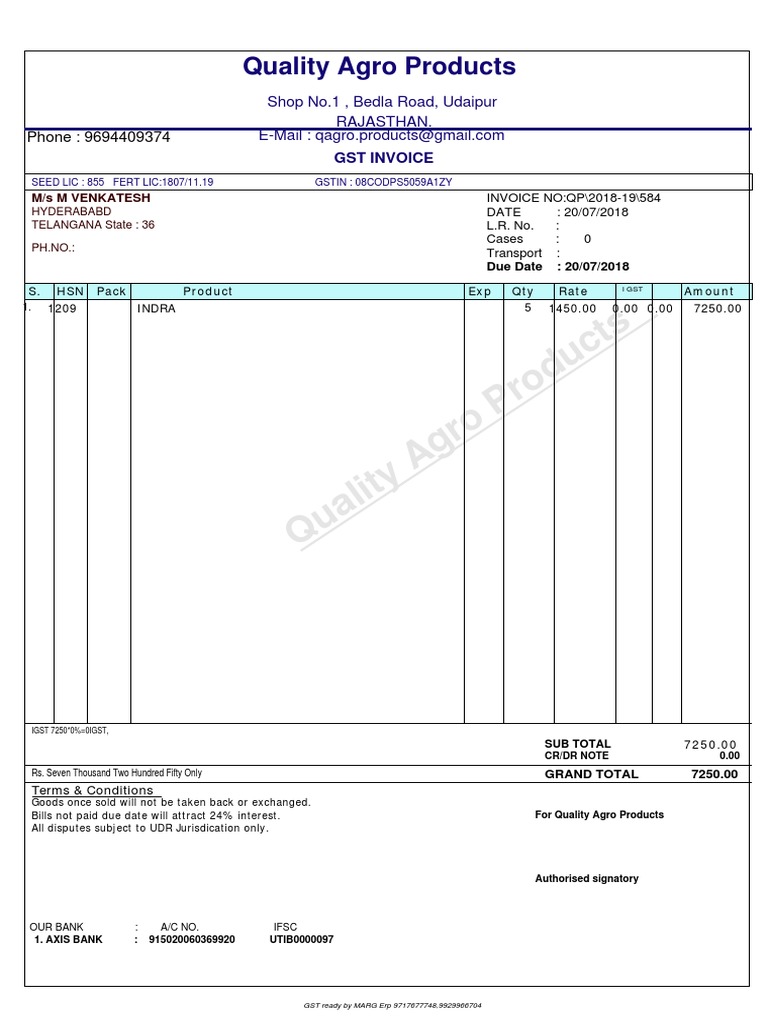Quality Agro Products Invoice for Indra Seeds | PDF | Economy Of India ...