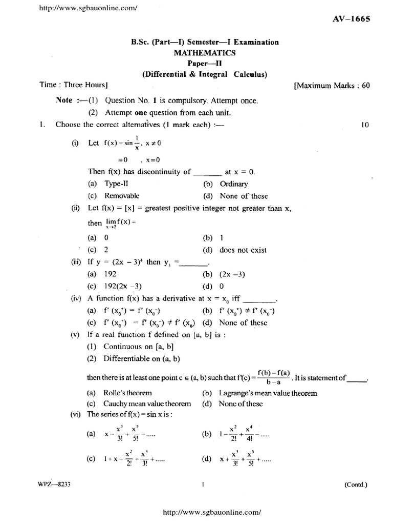 BSC 1 Sem Mathematics Differential and Integral Calculus Part 1 Winter ...