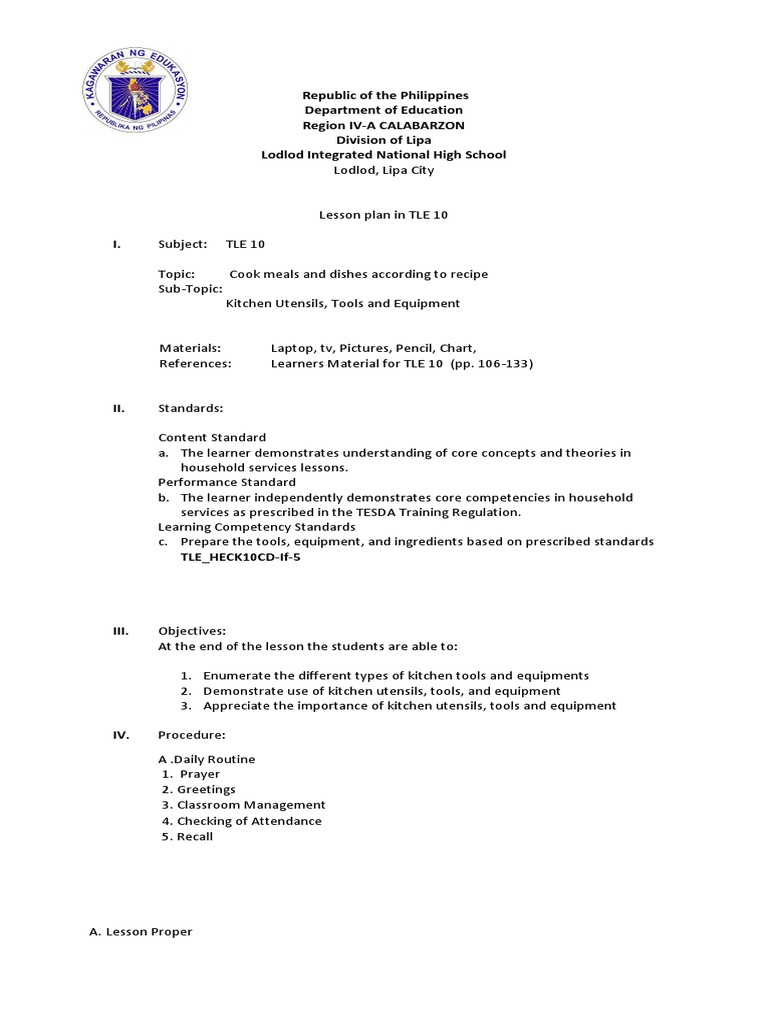 Tle Lesson Plan G10 | PDF | Lesson Plan | Kitchen
