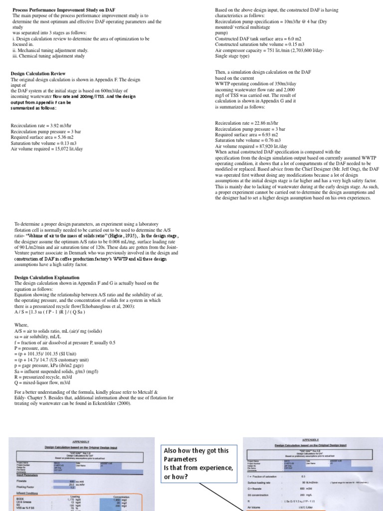 Example DAF Design Key Parameters Calculation | PDF | Volume | Pump