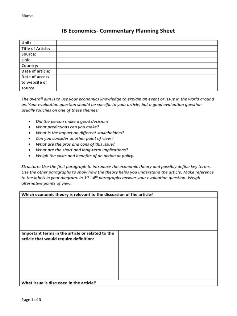 Commentary Planning Sheet Economics IB | PDF