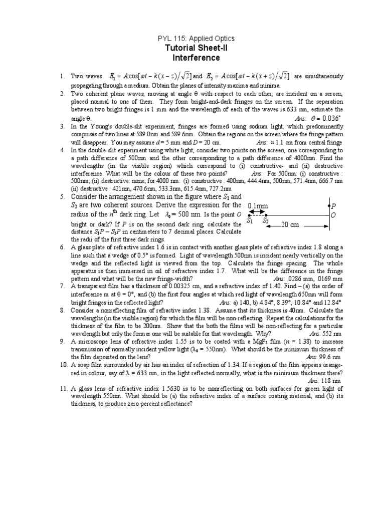 Tutorial Sheet-II Interference | PDF | Motion (Physics ...