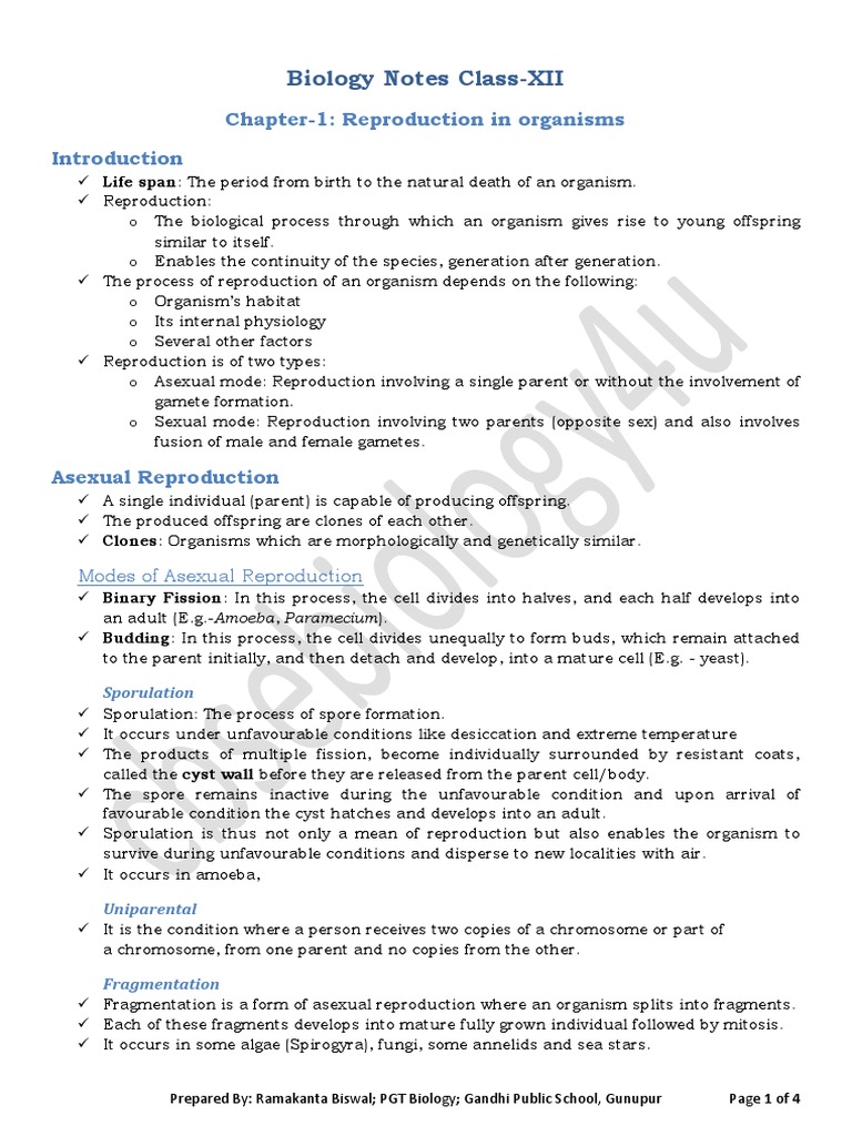 Biology Notes Class-XII: Chapter-1: Reproduction in Organisms | PDF ...