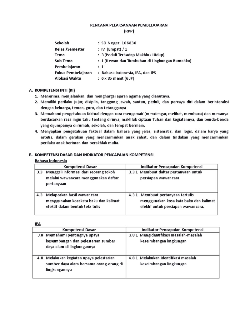 RPP Kls 4 Tema 3 Subtema 1 | PDF